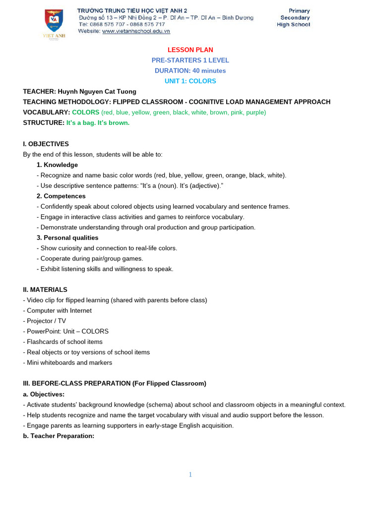 Lesson Plan Colors Cognitive Load Annotated | PDF | Vocabulary | Neuroscience