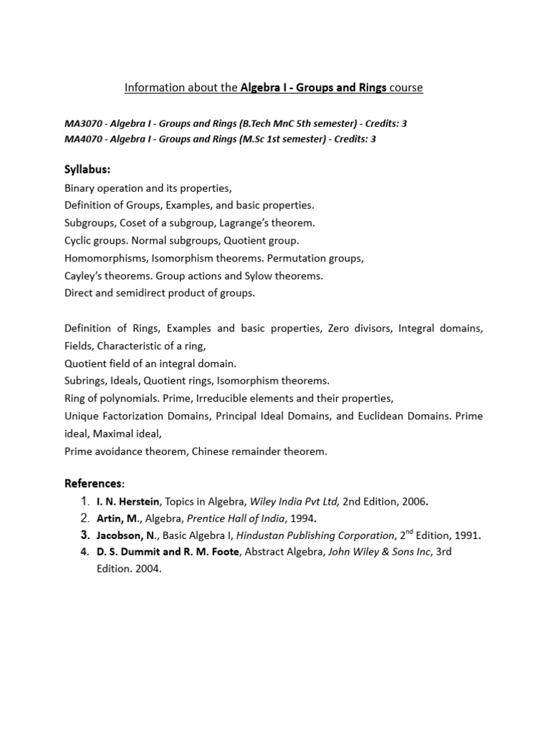 Algebra I: Groups and Rings Course Details | PDF | Group (Mathematics ...
