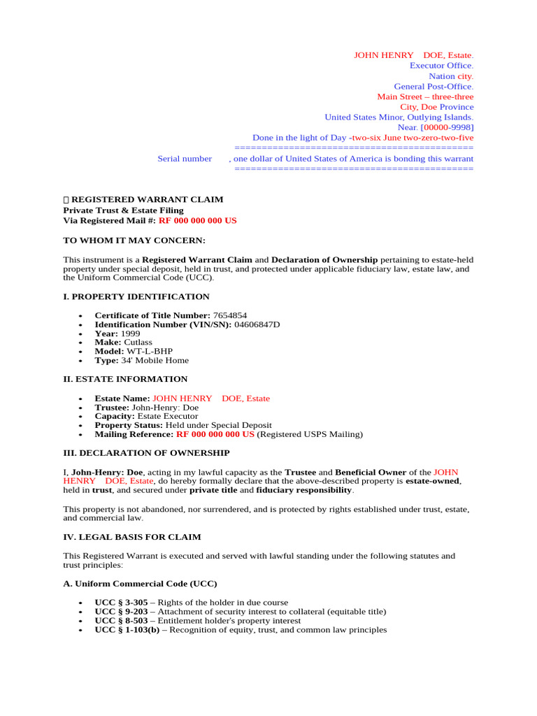 Registered Warrant Claim for Estate | PDF | Security Interest | Trustee