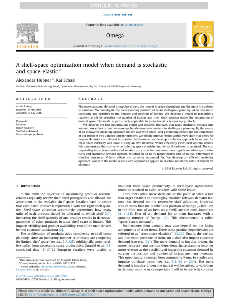 Stochastic Shelf Space Optimization Model | PDF | Demand | Mathematical ...