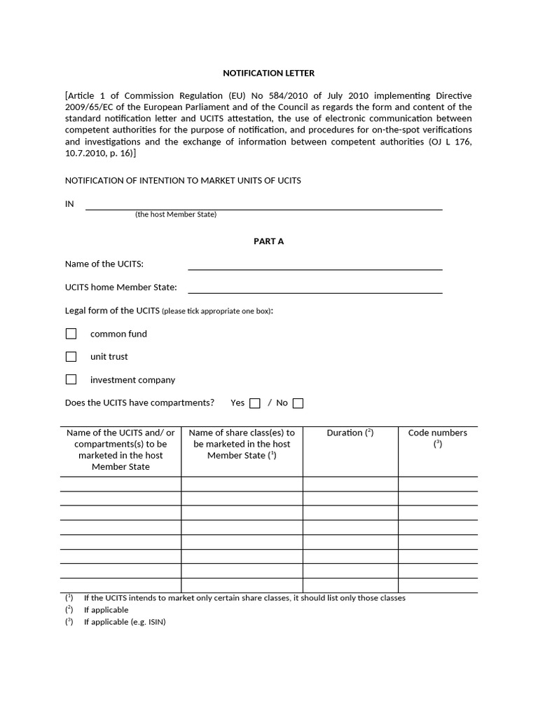 UCITS Notification Letter | PDF | Investment Fund | Directive (European Union)