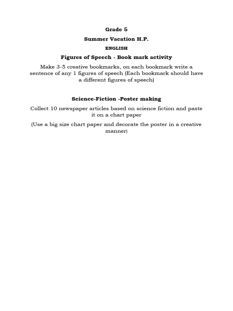 Grade 5 Summer Vacation H.P.2025-26 | PDF
