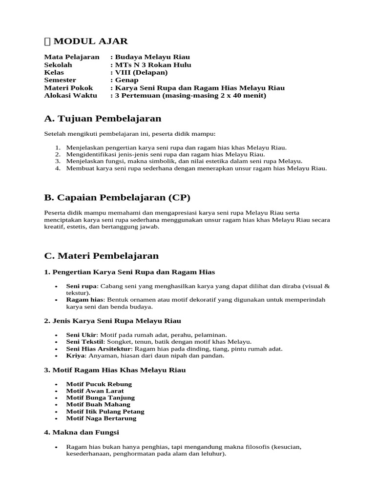 Modul Ajar Karya Seni Rupa Dan Ragam Hias Melayu Riau Semester Genap | PDF