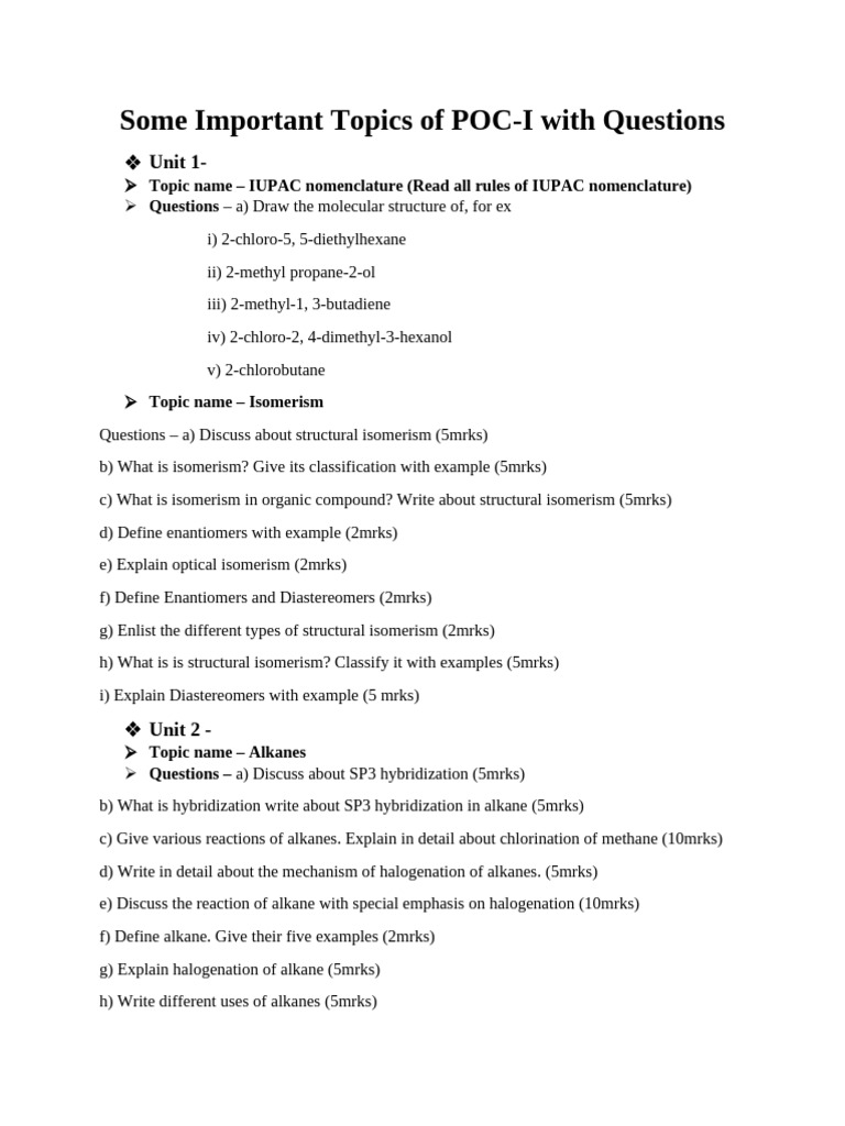Some Important Topics With Questions of Poc-I | PDF | Aldehyde | Alkane