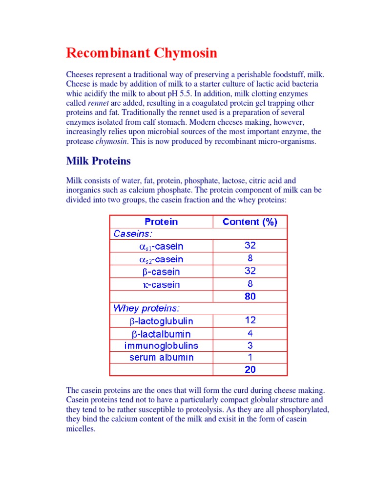 Recombinant Chymosin in Cheese Production | PDF | Biochemistry | Chemistry