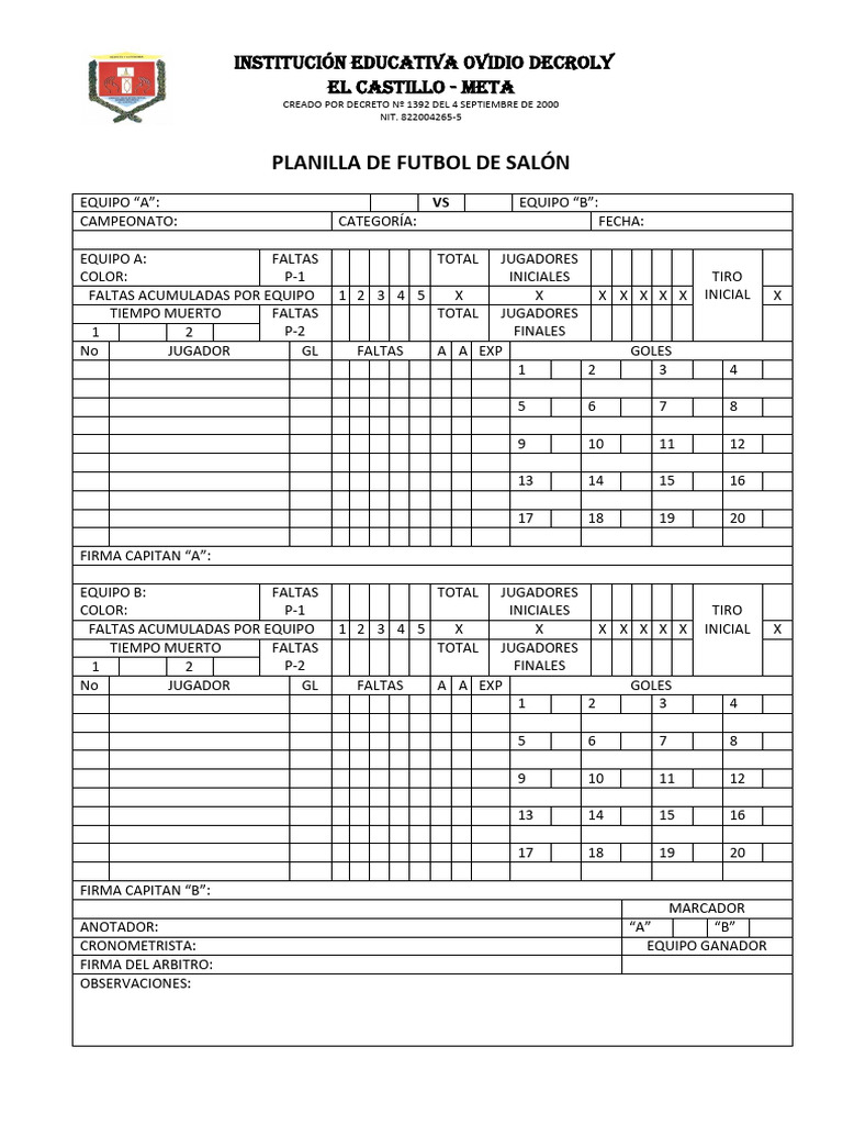 Planilla de Futsal para Imprimir | PDF | Deportes | Asociación de Futbol
