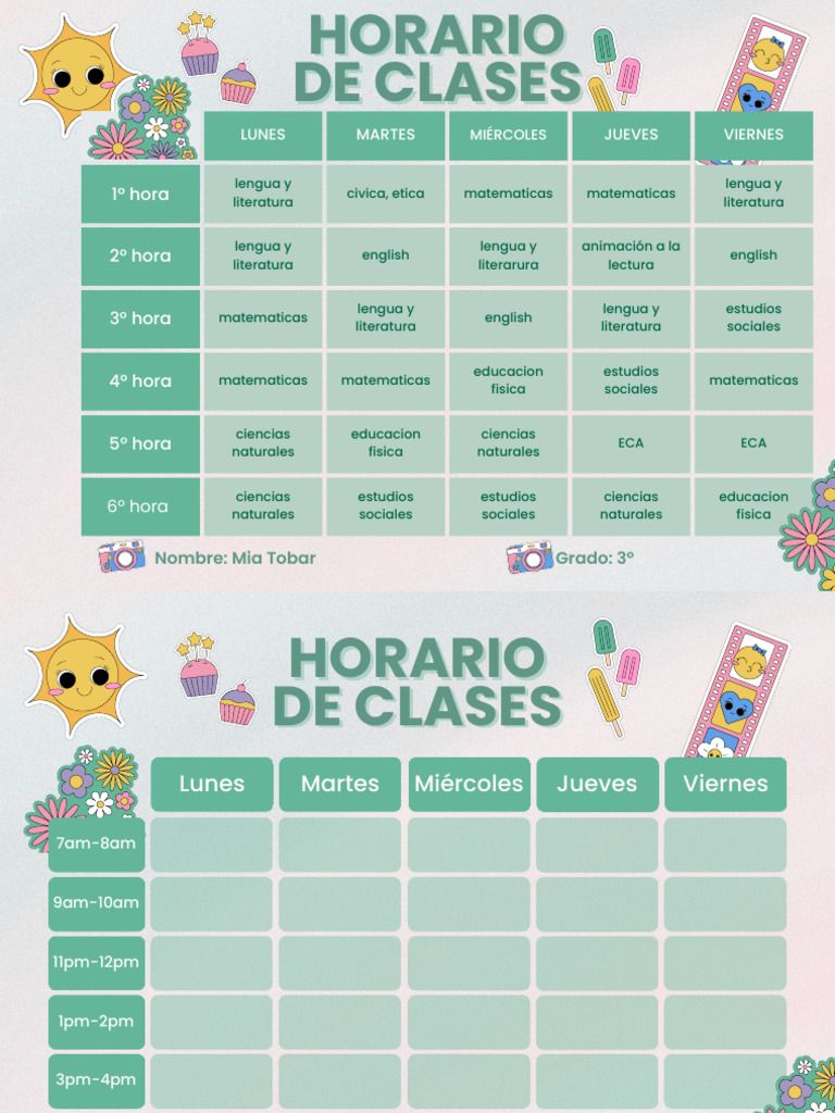 Horario de Clases Escuela Estudio Colegio Juvenil Verde | PDF