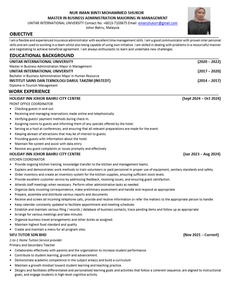 Nur Iman PERSONAL ASSISTANT Resume | PDF | Employment | Human Resources