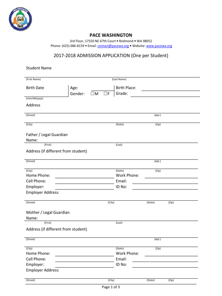 PACE Washington 2017-2018 Admission Form | PDF | Legal Guardian | Justice
