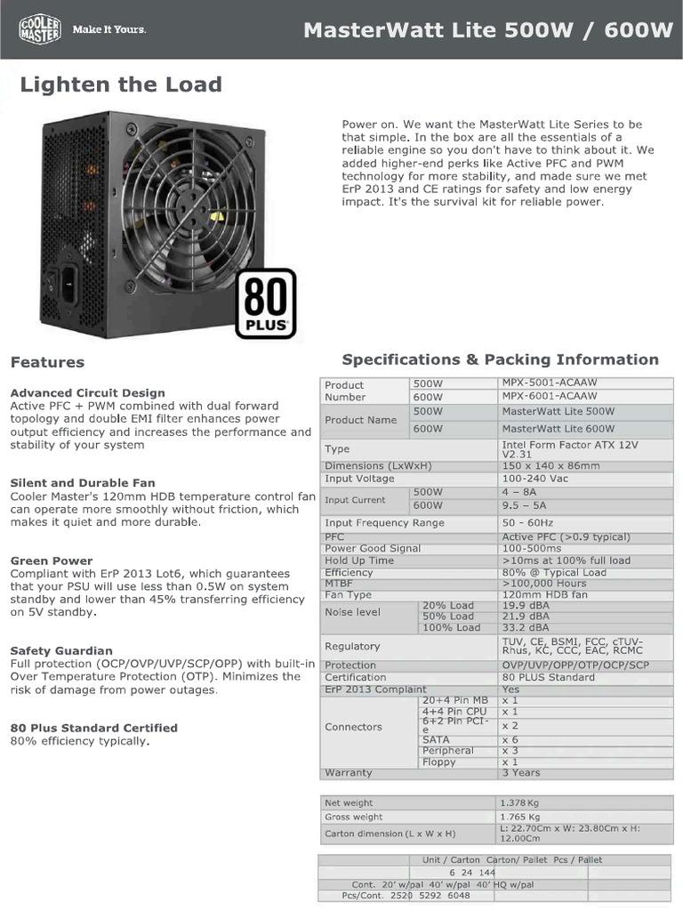 Cooler Master MasterWatt Lite 600W | PDF
