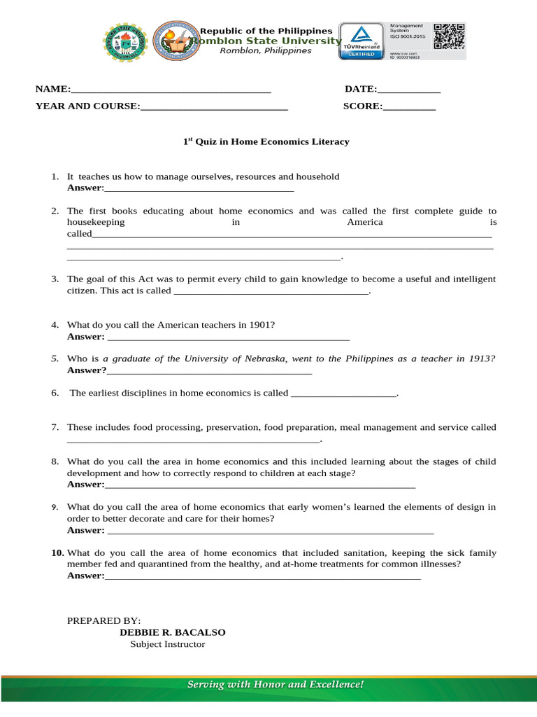 Home Economics Literacy Quiz | PDF | Home Economics | Chess Openings