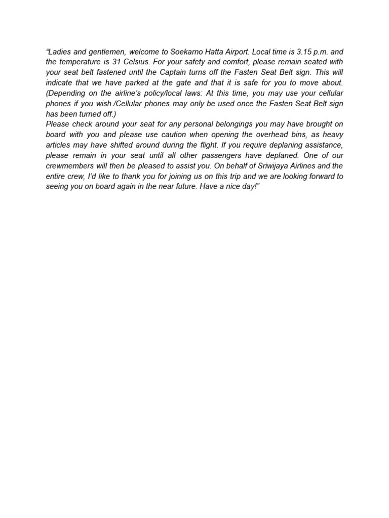 Welcome Announcement Script for Passengers | PDF