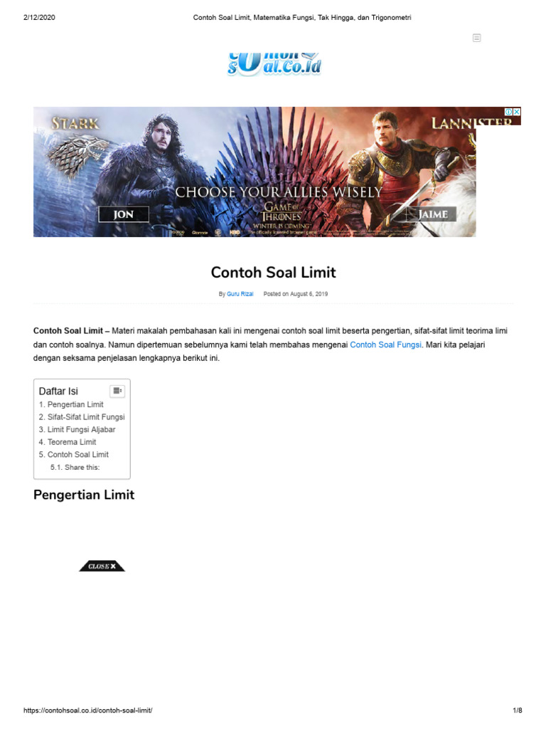 Contoh Soal Limit Fungsi Matematika | PDF