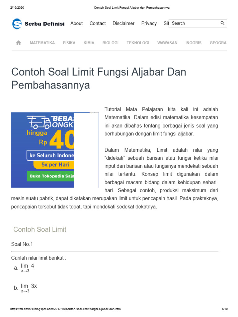 Contoh Soal Limit Fungsi Aljabar Dan Pembahasannya Baru | PDF