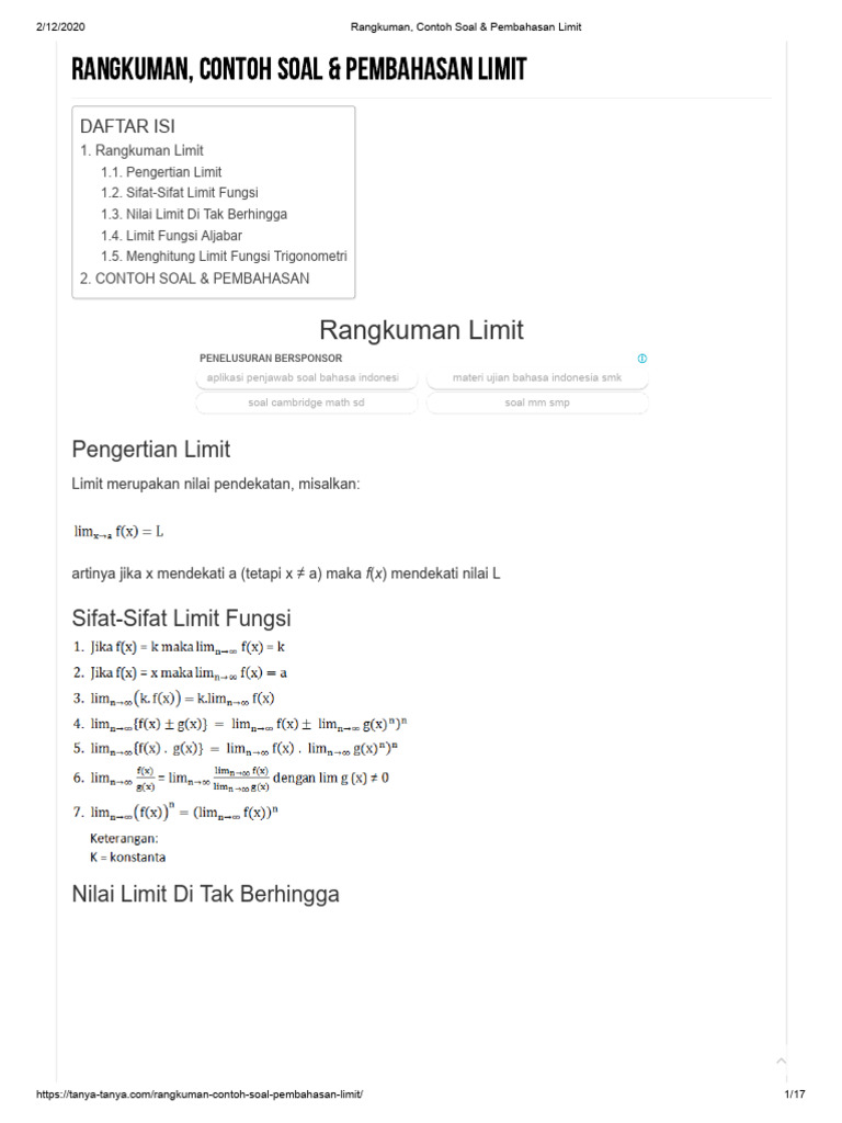 Rangkuman dan Contoh Soal Limit | PDF