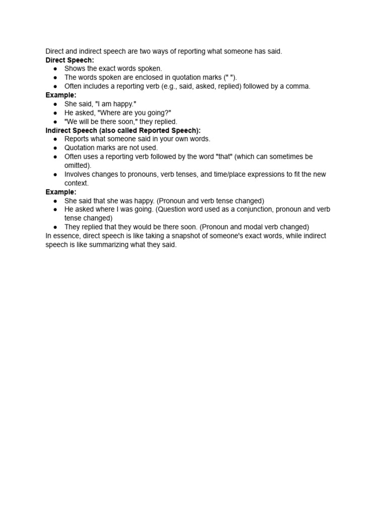 Direct vs Indirect Speech Explained | PDF