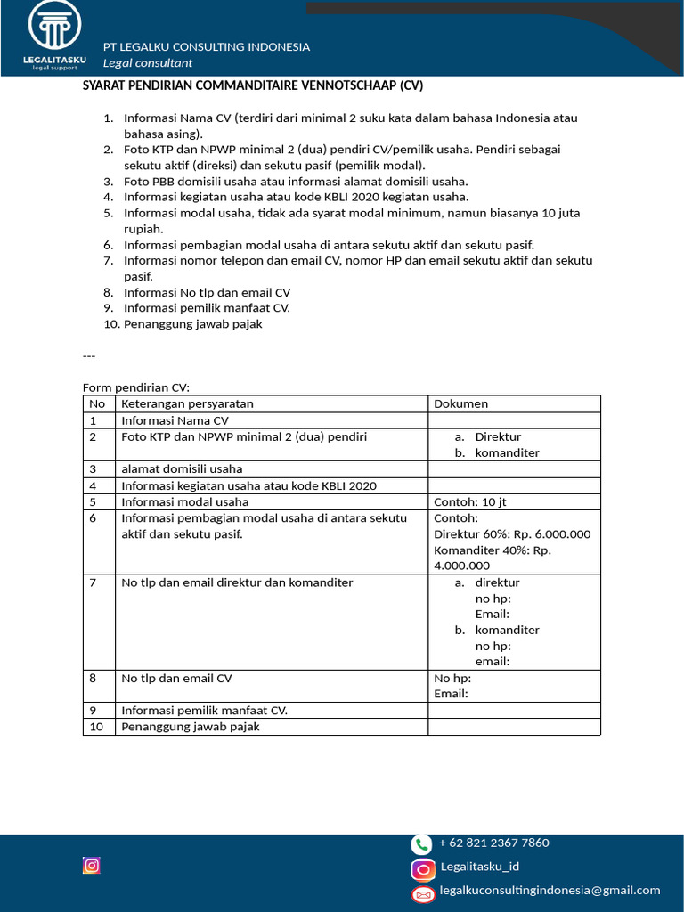 Form Pendirian Commanditaire Vennotschaap (CV) | PDF