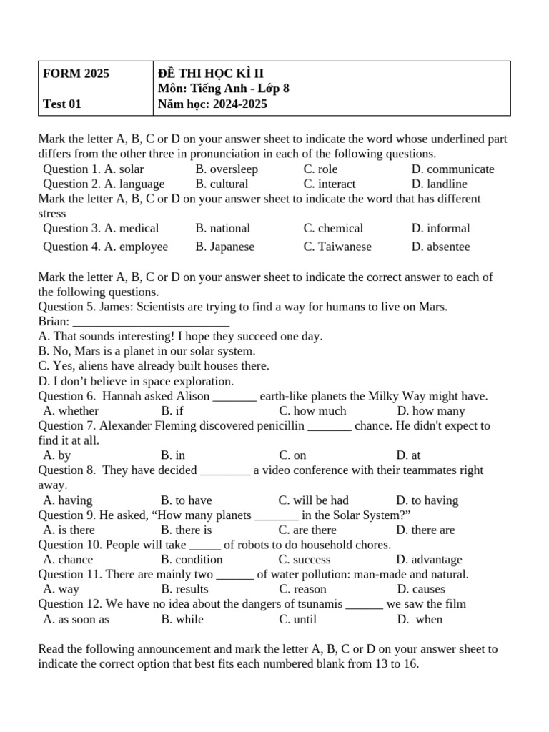 E8 (FORM 2025) 5 Đề Thi Cuối Học Kì 2 Tiếng Anh 8 Kèm Đáp Án | PDF ...