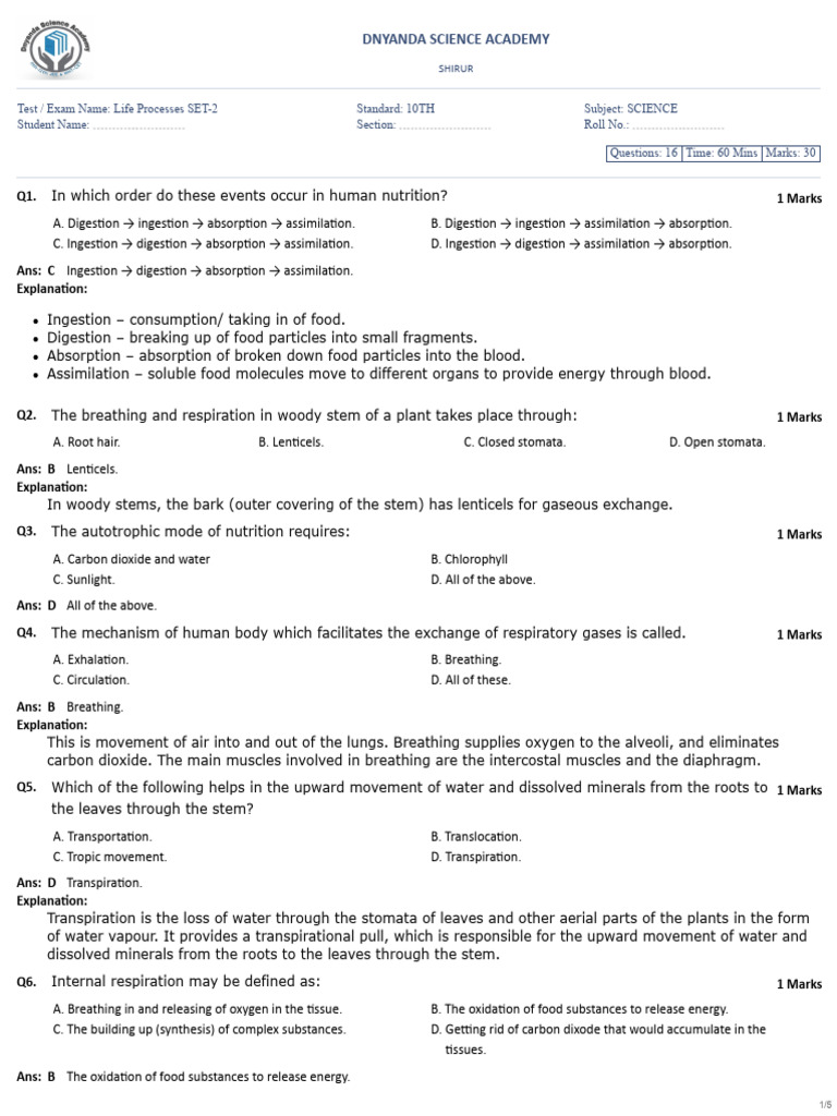 10th Grade Science Life Processes Exam | PDF | Vein | Breathing