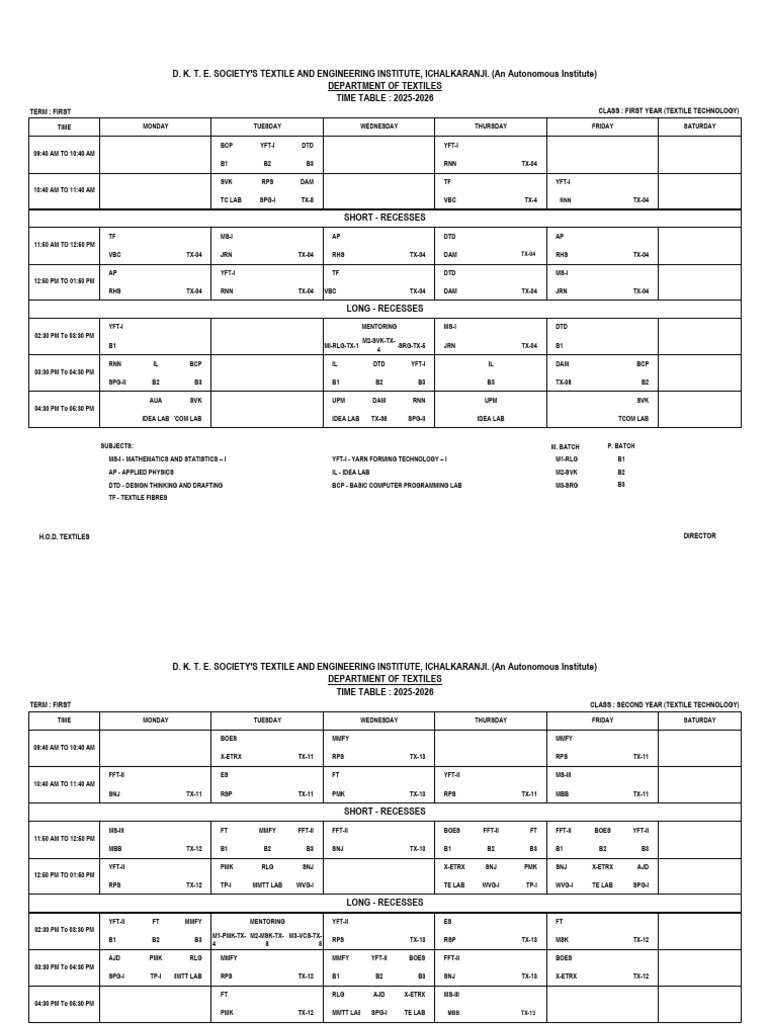 Textile Technology Time Table 2025-2026 | PDF | Production And ...