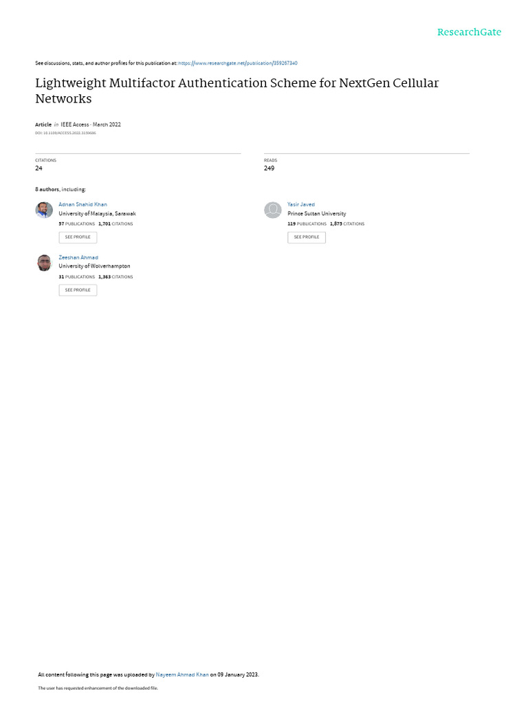 Lightweight Multifactor Authentication Scheme For NextGen Cellular Networks | PDF | Public Key ...