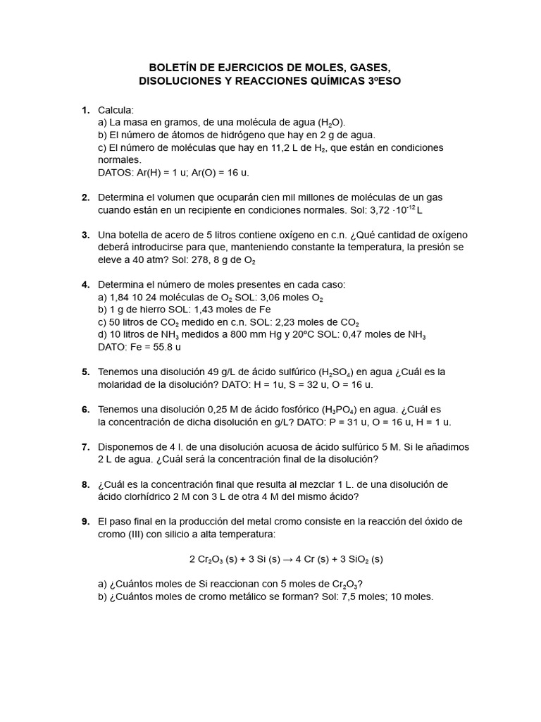 Boletín de Ejercicios de Moles, Gases | PDF | Mole (Unidad) | Ácido