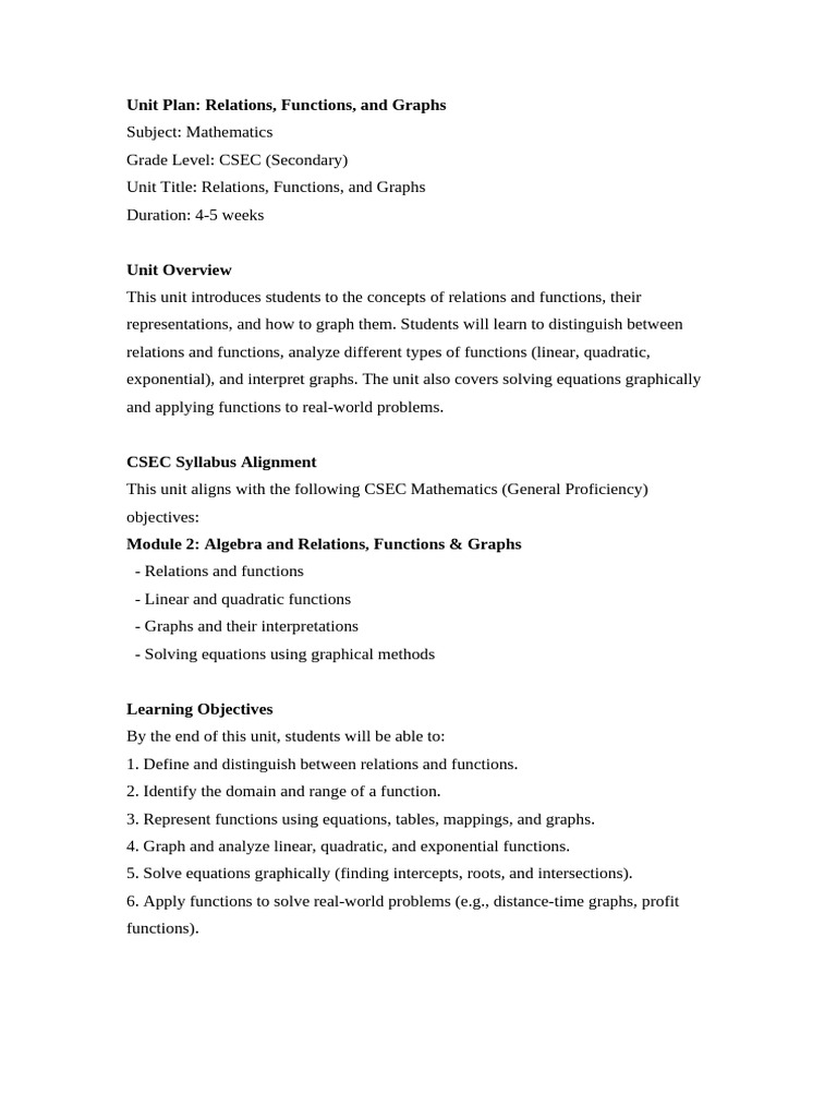 CSEC Mathematics Unit Plan - Relations, Functions and Graphs | PDF | Function (Mathematics ...
