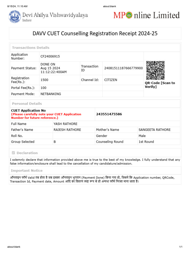 Davv Counseling Form Yash | PDF