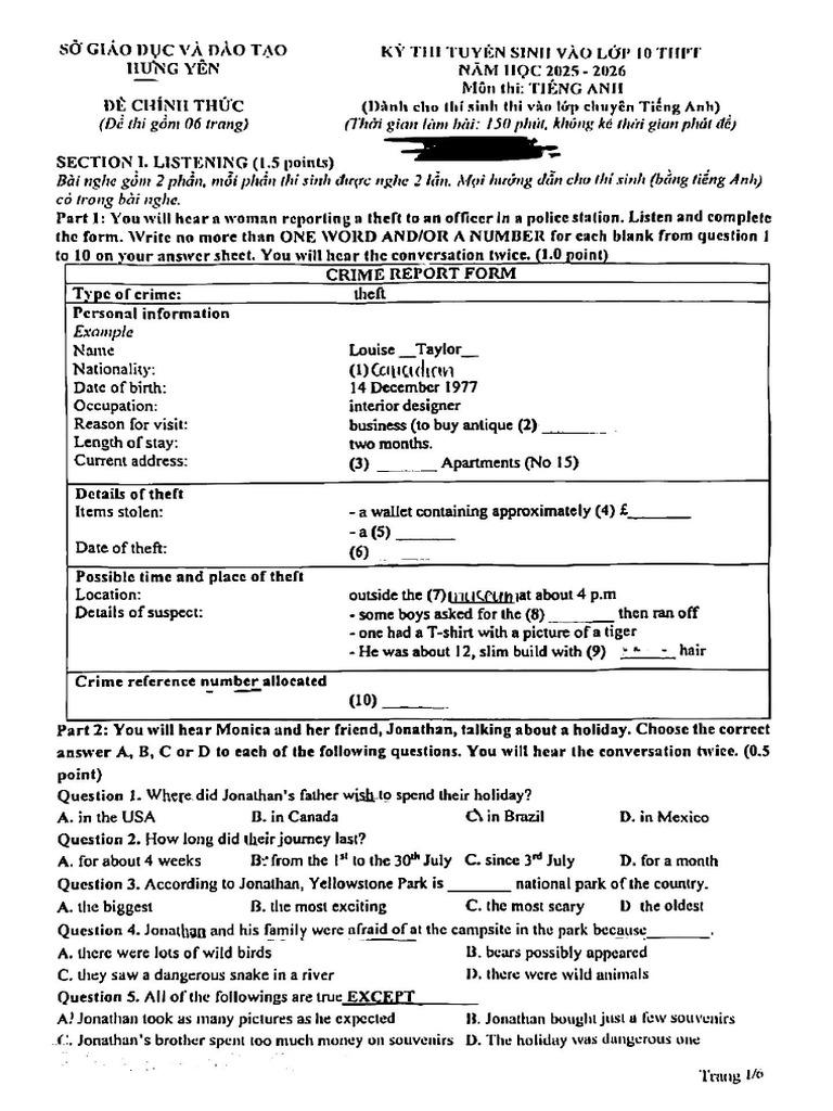 Đề Thi Chuyên Anh CHY 2025-2026 | PDF