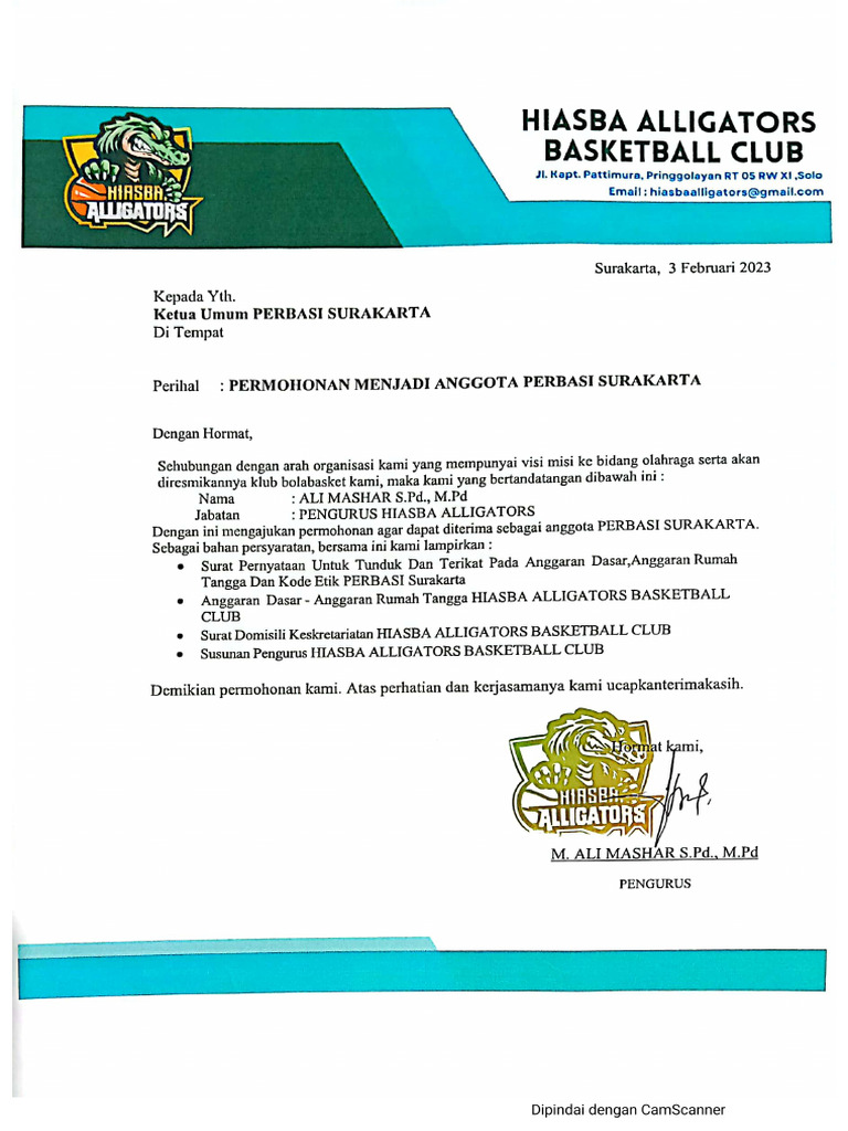 Surat Permohonan Menjadi Anggota Perbasi Surakarta | PDF