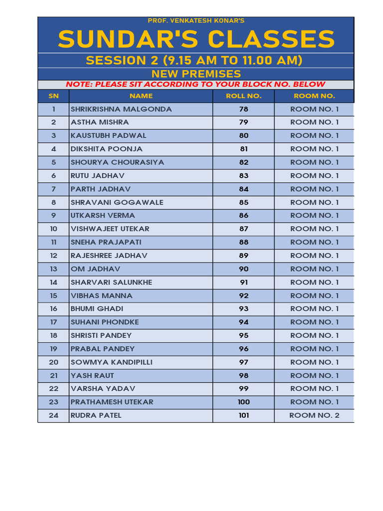 Student Roll Call for Room Assignments | PDF