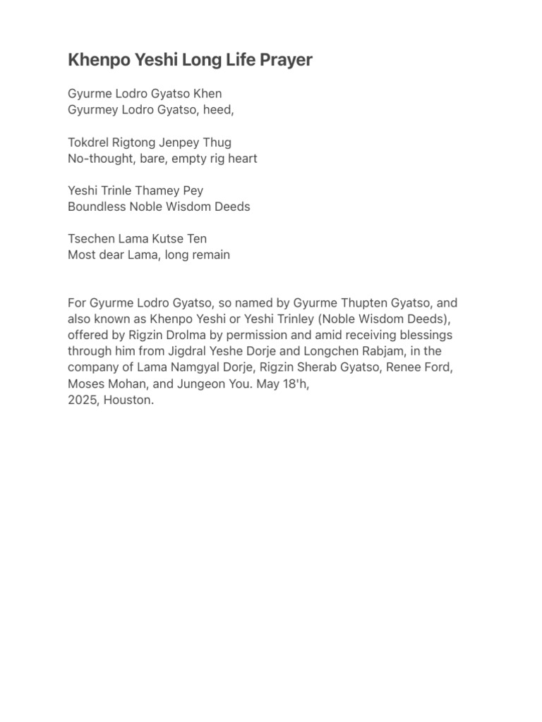 Khenpo Yeshi Long Life Prayer | PDF