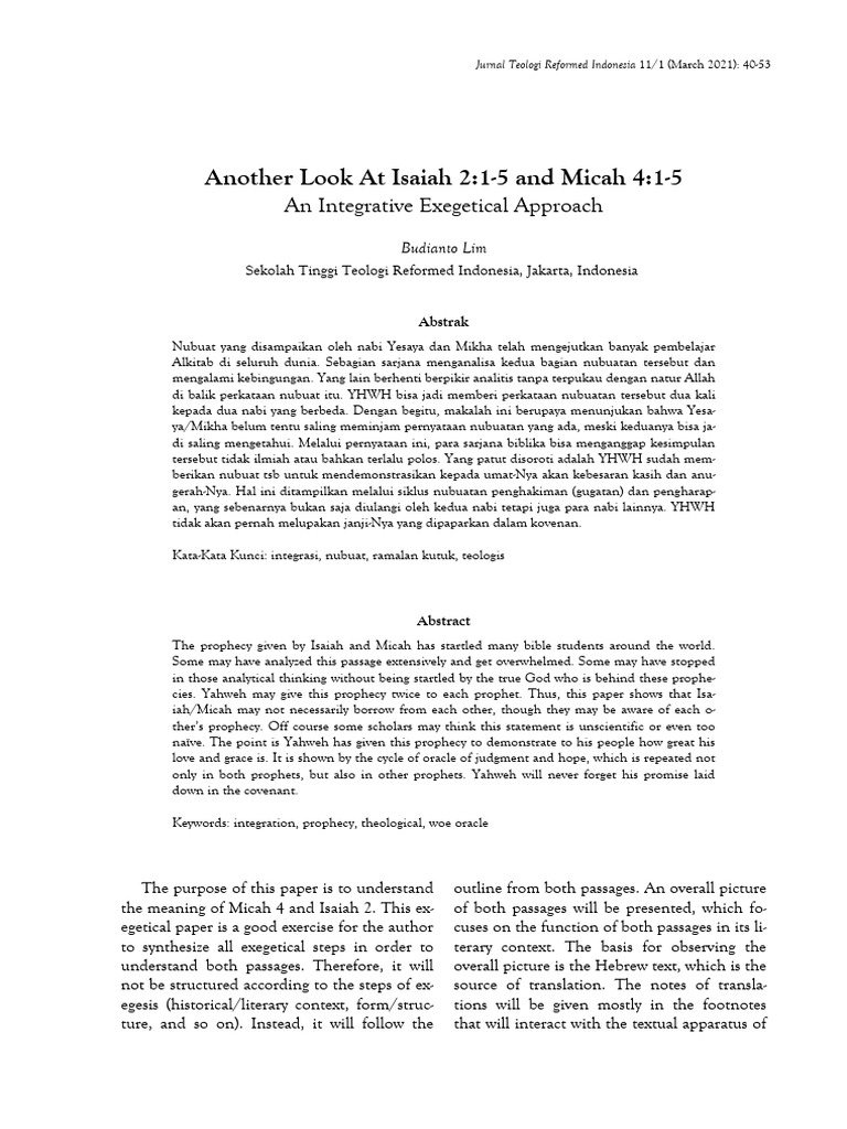 Lim Budianto Another Look at Isaiah 2-1 To 5 and Micah 4-1 To 5 | PDF