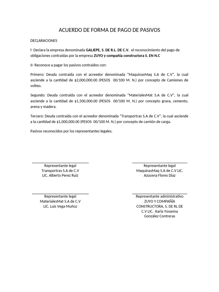 Acuerdo de Forma de Pago de Pasivos Sociedad Nombre Colectivo | PDF