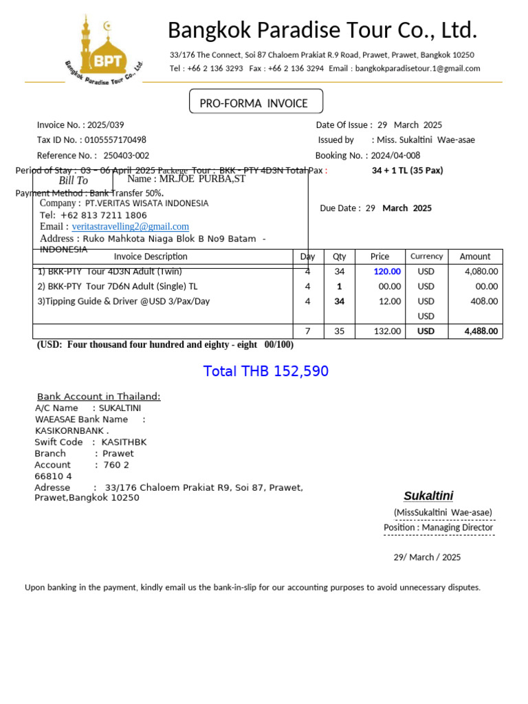 Bangkok Paradise Tour Invoice 2025 | PDF | Invoice | Services (Economics)