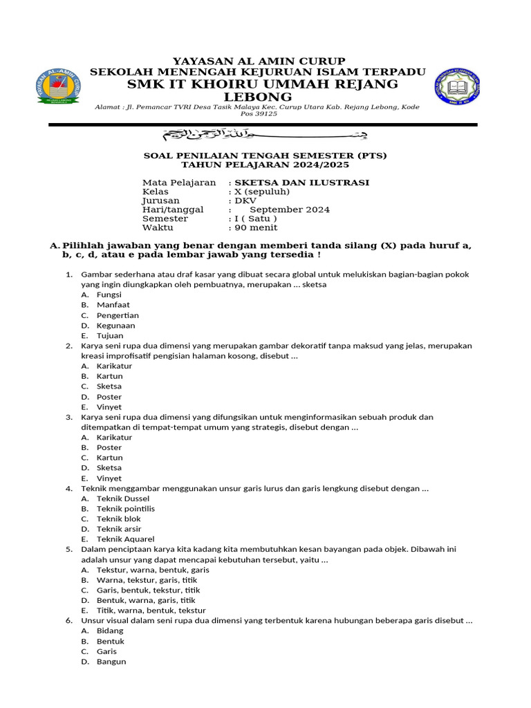 Soal PTS KLS X Sketsa Dan Ilustrasi SMSTR 1 TH 2024 | PDF