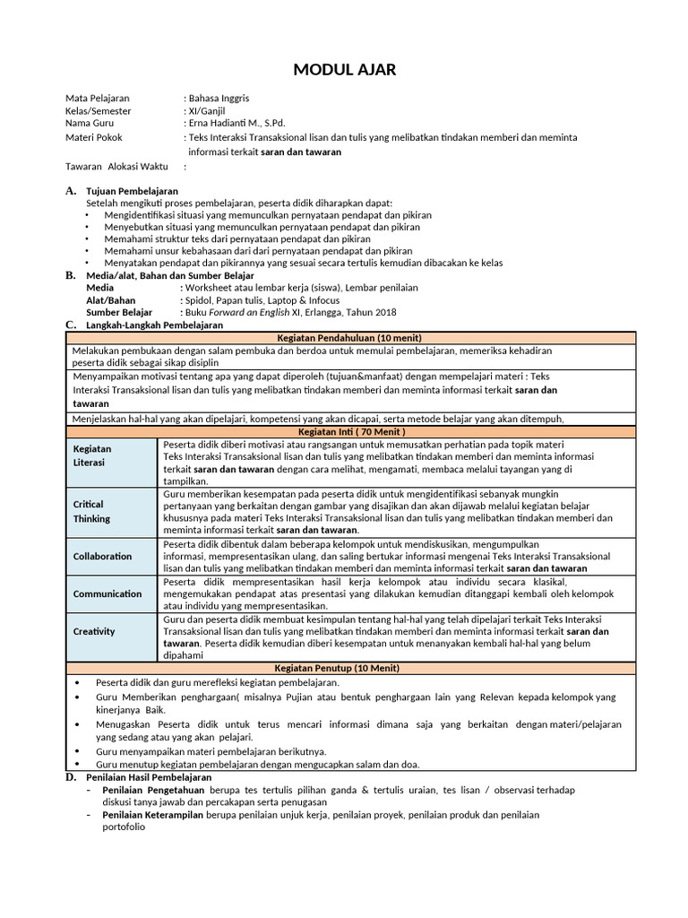 Modul Ajar Bahasa Inggris Kelas Xi - Erna HM | PDF