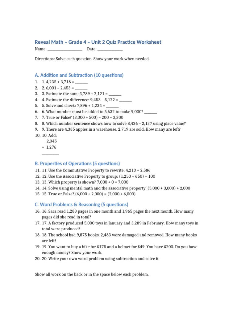 Reveal Math Grade4 Unit2 Worksheet | PDF