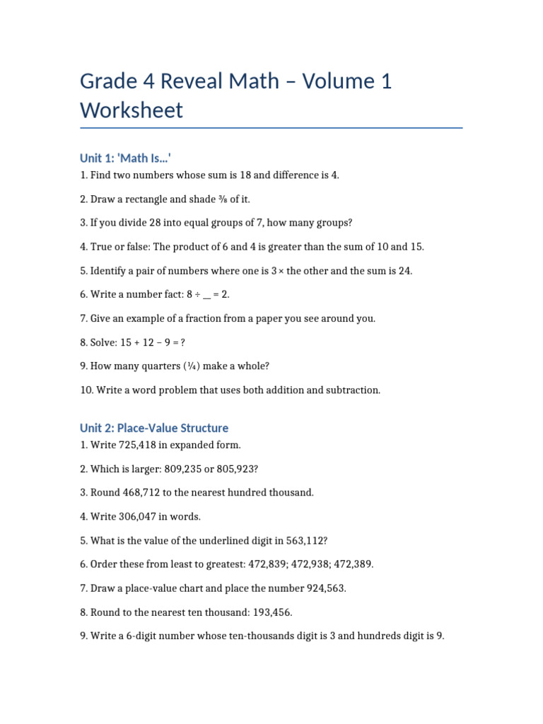Grade 4 Reveal Math Vol1 Worksheet | PDF