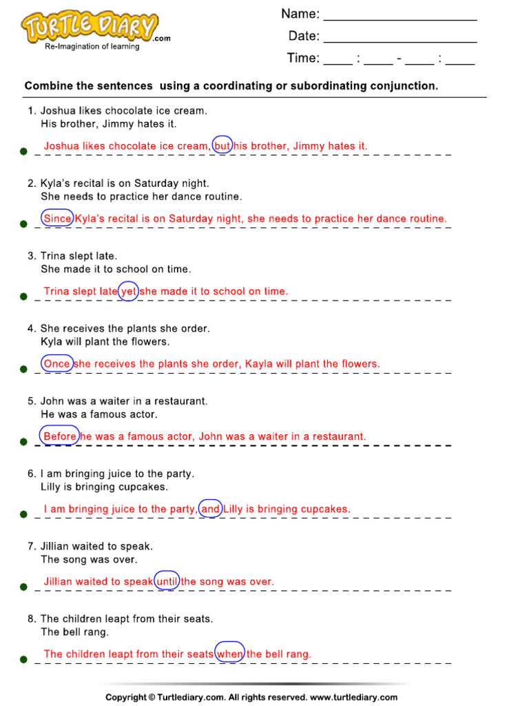 Combine The Clauses Using A Conjunction Answersheet 1 | PDF