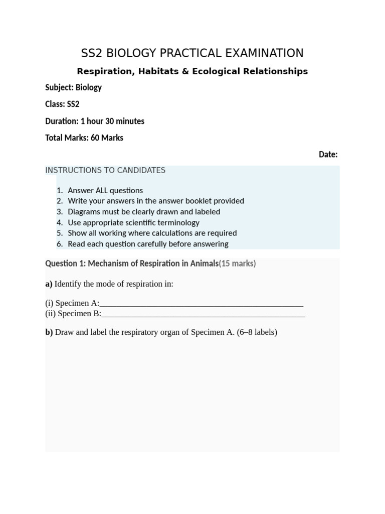 SS2 Biology Practical Examination 3RD Term | PDF