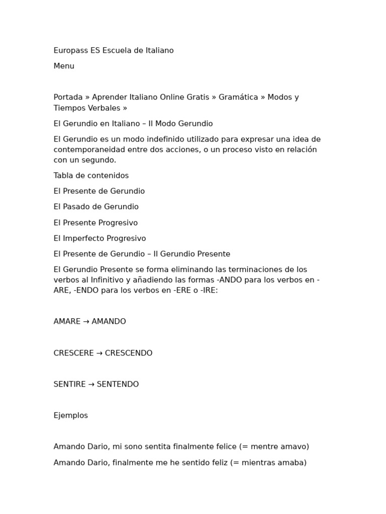 Documento (7) El Gerundio Italiano Completo | PDF | Verbo | Relaciones ...