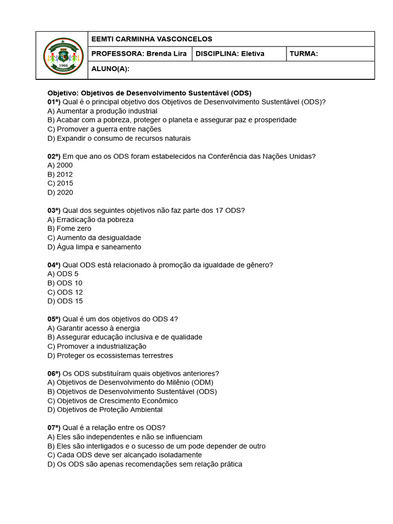 Atividade - Ods | PDF | Sustentabilidade | Desenvolvimento sustentável