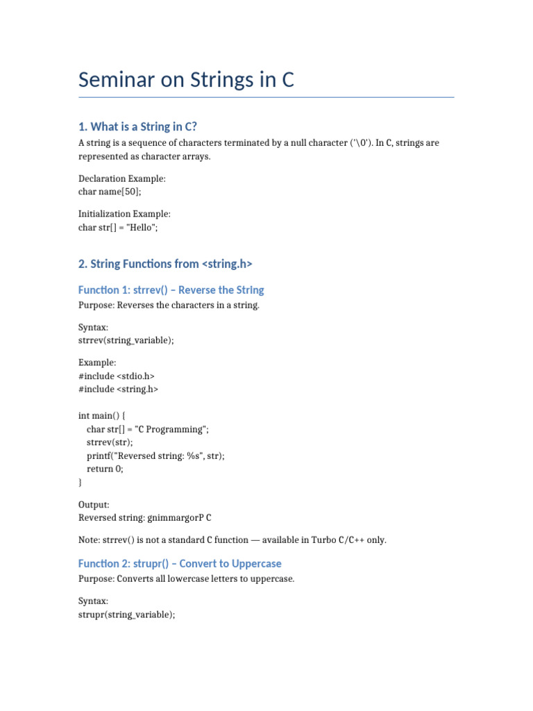 String in C Seminar by Pranish M | PDF