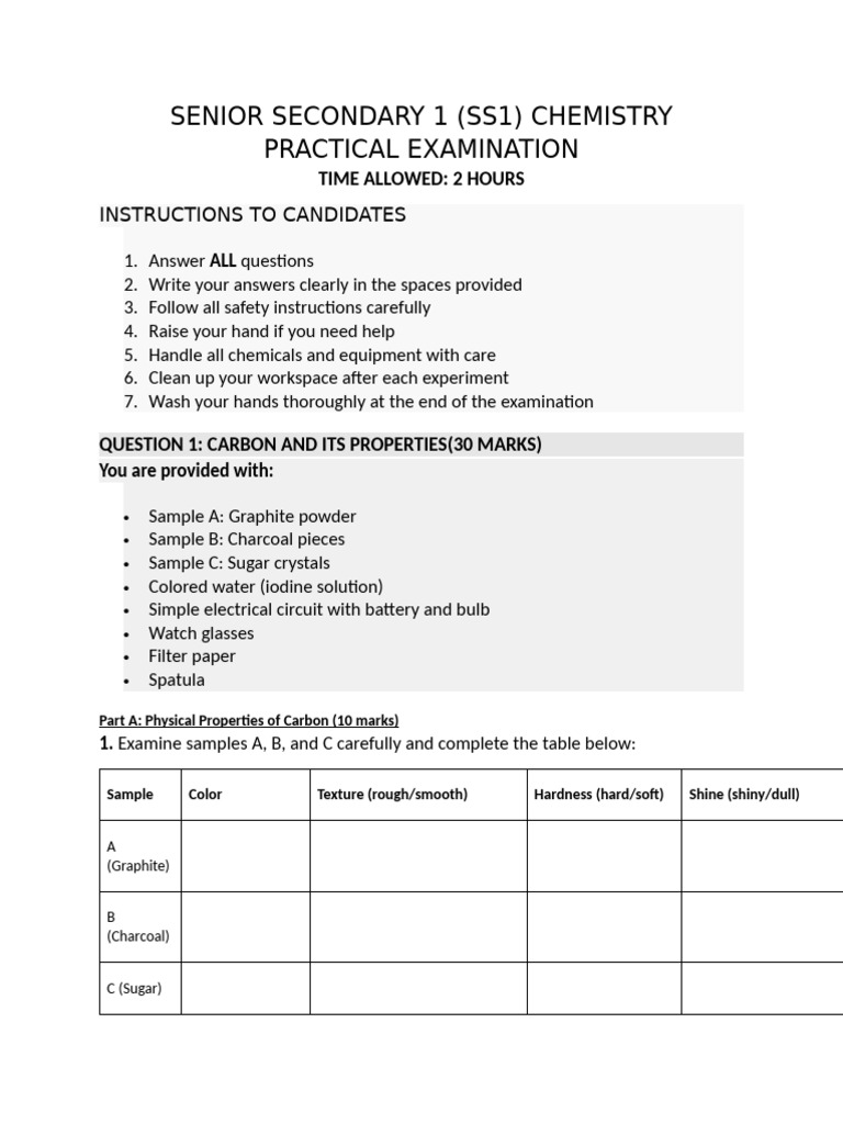 SS1 Chemistry Practical Exam Guide | PDF
