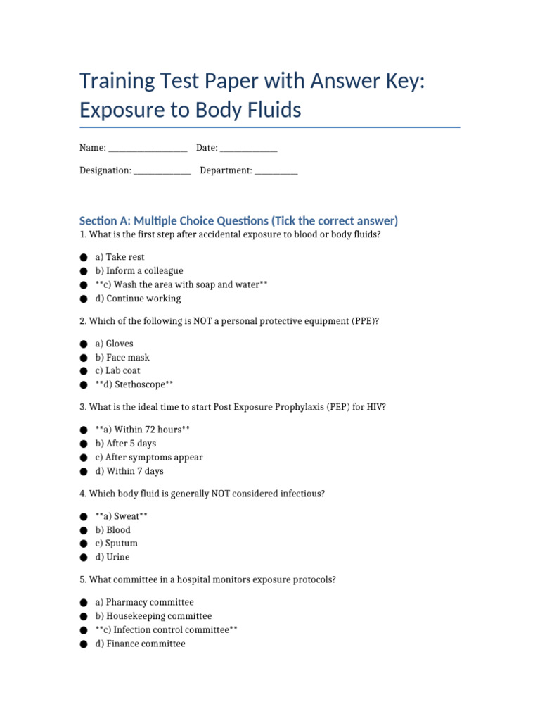 Training Test Exposure Body Fluids With Answers | PDF