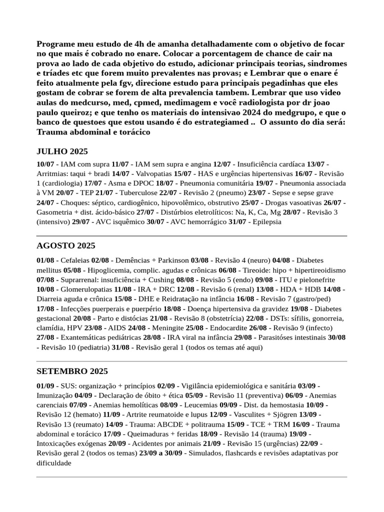 Cronograma de Estudo para ENARE 2025 | PDF | Sepse | Contabilidade