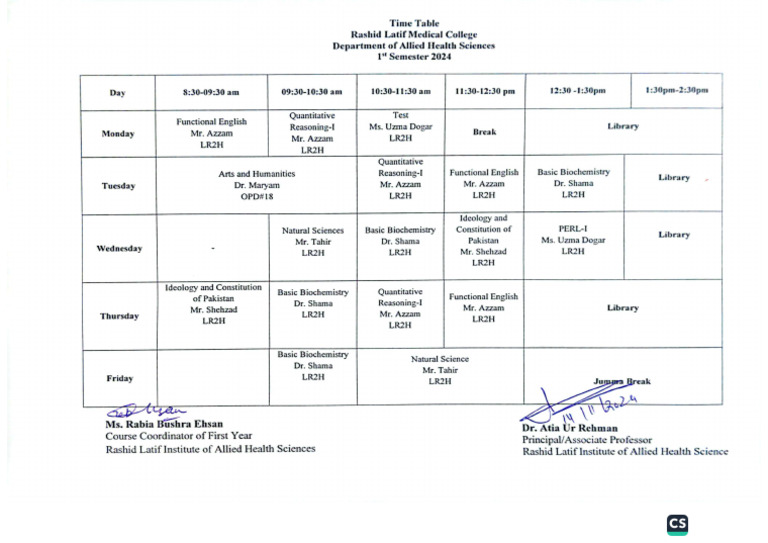1st Semester Time Table | PDF