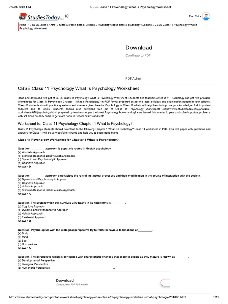 Class 11 Psychology Worksheet PDF | PDF | Psychology | Humanistic ...