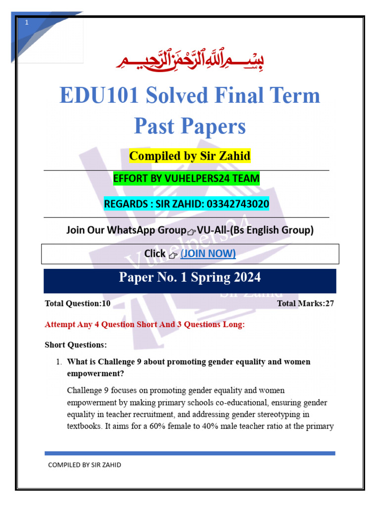 EDU101 Final Term Past Papers Guide | PDF | Poverty | Poverty ...